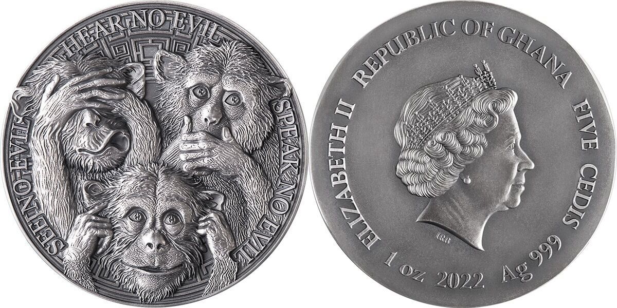 Ghana 5 cedis 2022 Three Wise Monkeys - Life Quotes 1 oz Silver Coin ...